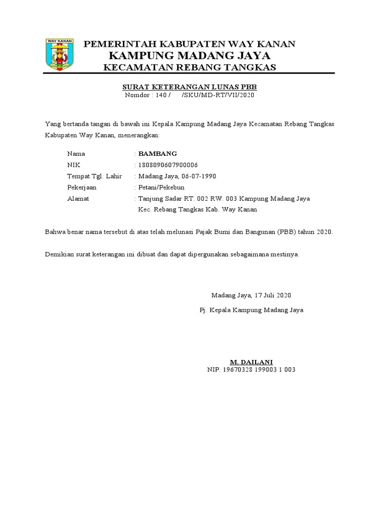 Surat Keterangan Lunas PBB Madang Jaya | PDF