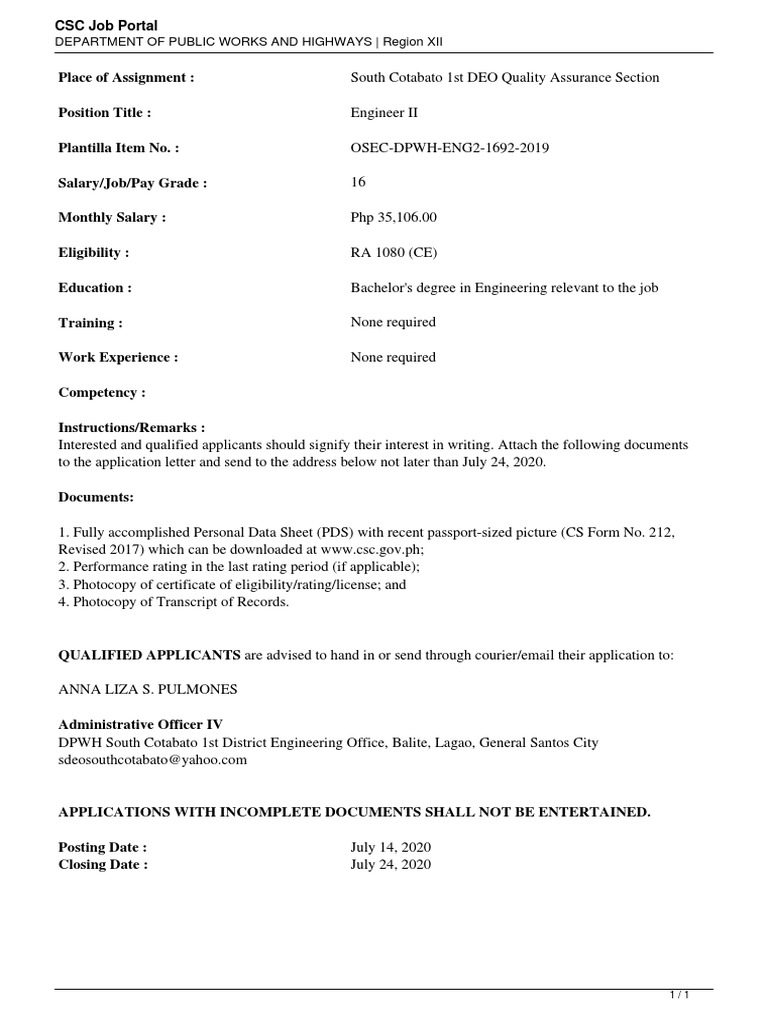 DEPARTMENT OF PUBLIC WORKS AND HIGHWAYS-Engineer II | PDF | Business