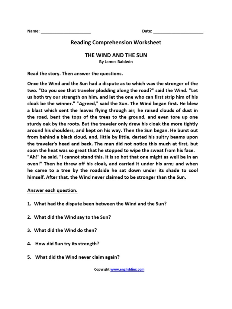 Reading Comprehension Worksheet The Wind and The Sun | PDF | Wound | Nature