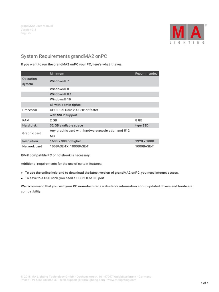 grandMA2 User Manual-Introduction System Requirements Grandma2 Onpc-En-V3.3-2 | PDF