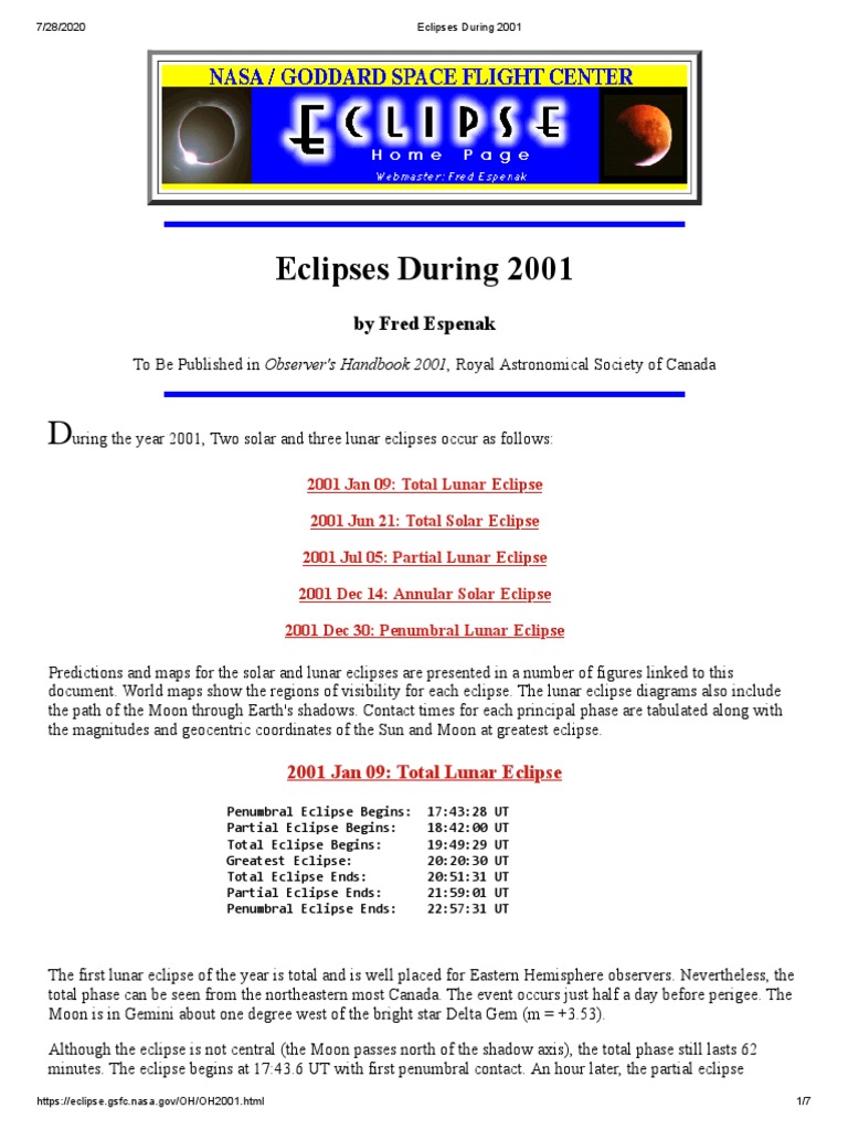 Eclipses During 2001 | PDF