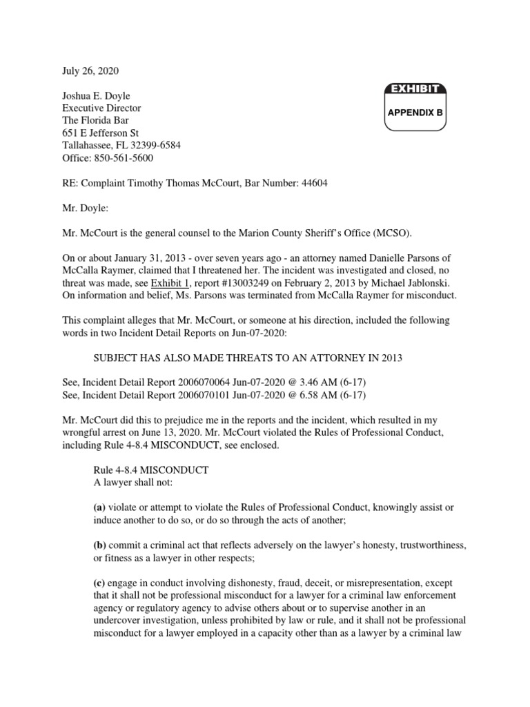Appendix B Florida Bar Complaint Against Timothy Thomas McCourt No44604 ...