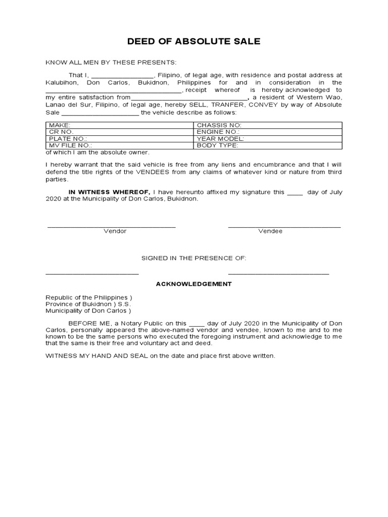 Deed of Sale - Format | PDF