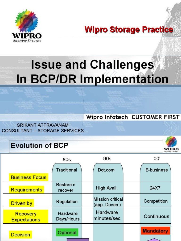 Issue and Challenges in BCP/DR Implementation: Wipro Storage Practice ...