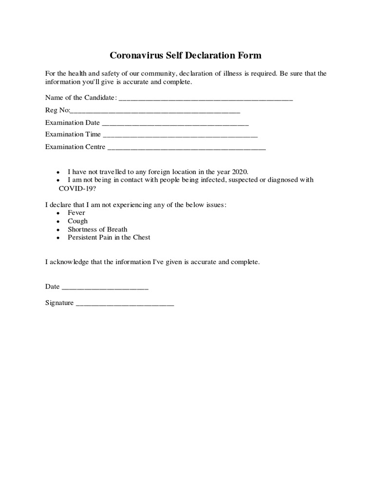 Coronavirus Self Declaration Form | PDF