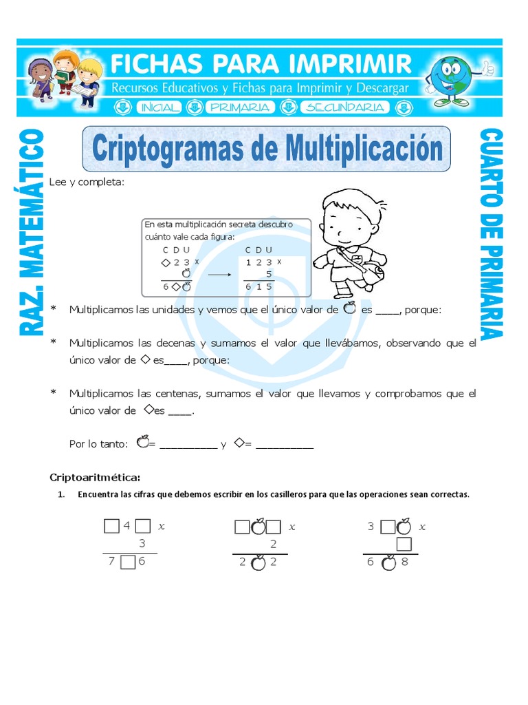 Criptogramas de Multiplicación para Cuarto de Primaria | PDF | Números | Enseñanza de matemática