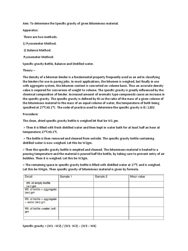 Specific Gravity of Bitumen by Pycnometer | PDF