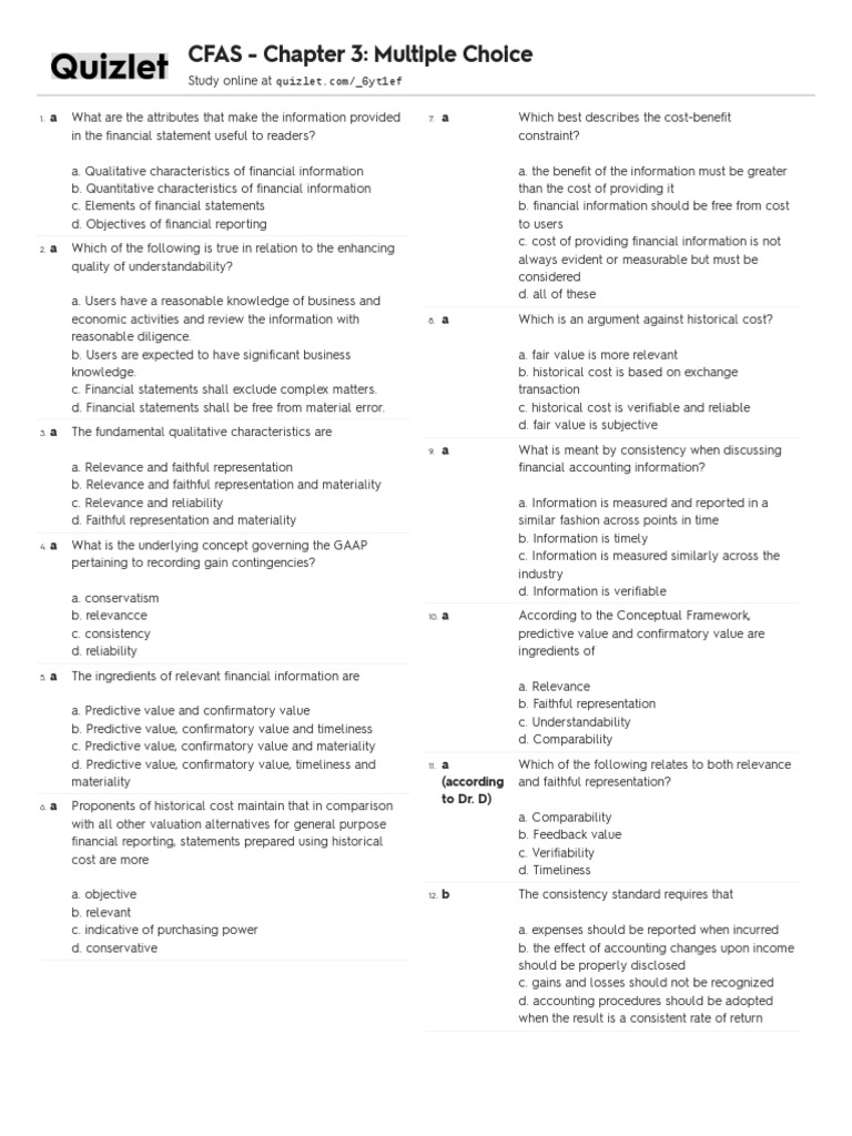 CFAS - Chapter 3: Multiple Choice | PDF | Financial Statement | Historical Cost