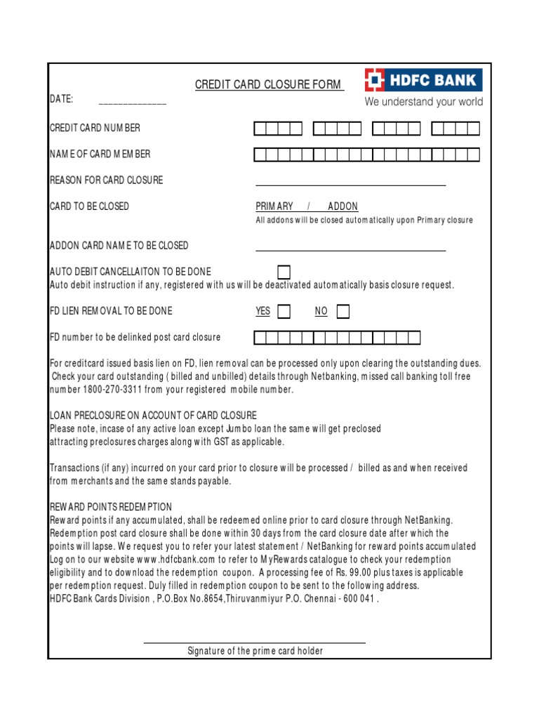 HDFC Bank Credit Card Closure Form July20 | PDF