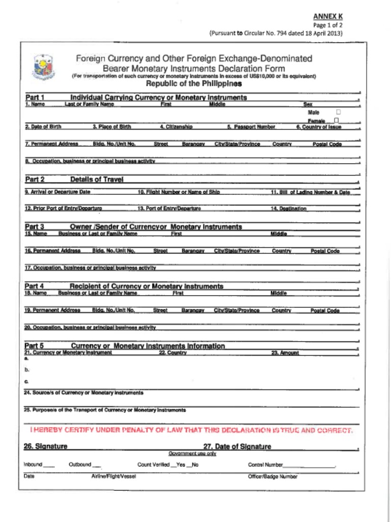BSP Form - FX Declaration Form (Annex K Cir794 - 2013) | PDF