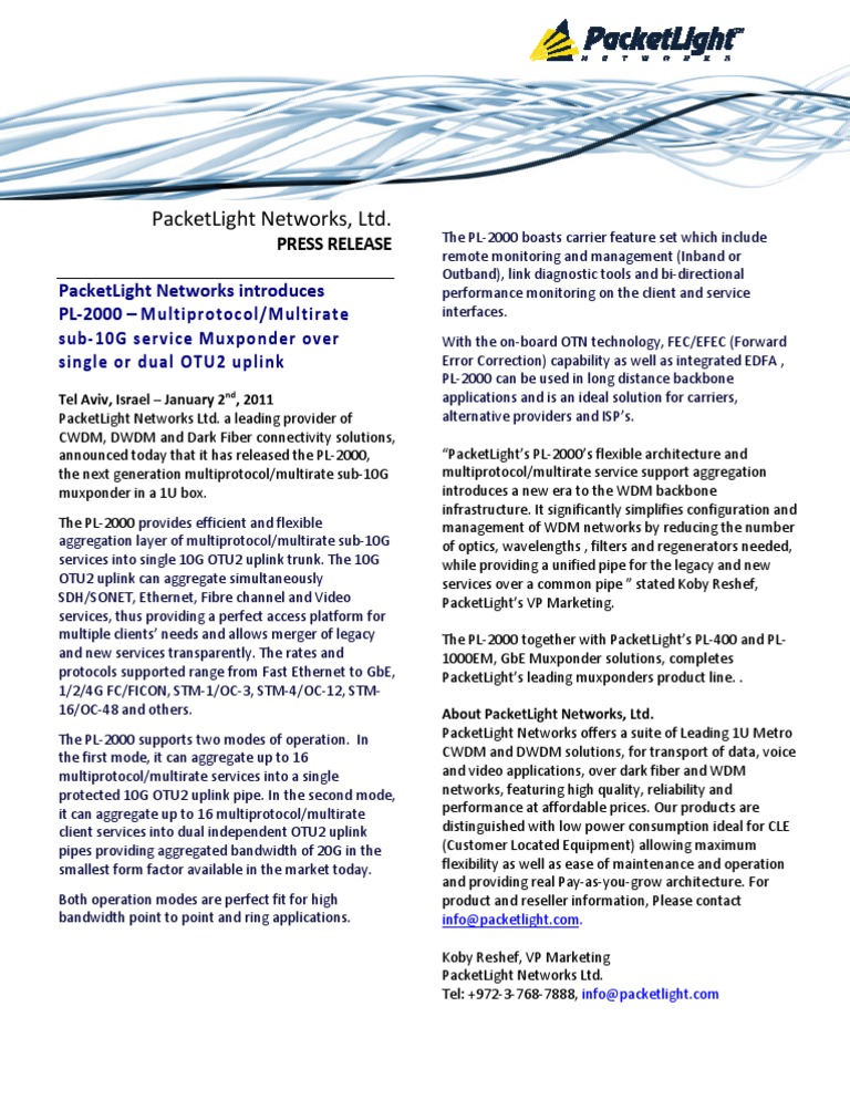 PR - PacketLight Networks | PDF | Wavelength Division Multiplexing ...