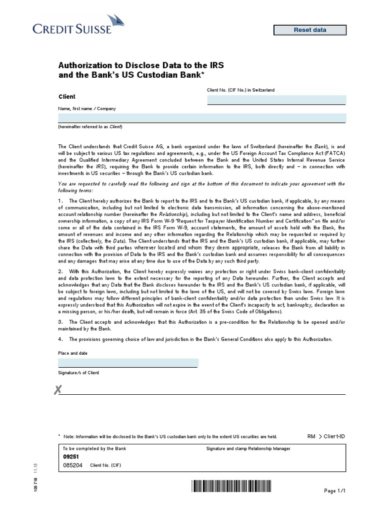 Authorization To Disclose Data To The IRS and The Bank's US Custodian ...