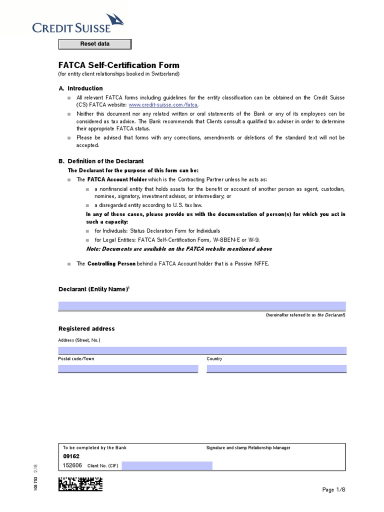 FATCA Self-Certification Form: A. Introduction | PDF | Trust Law | Banks