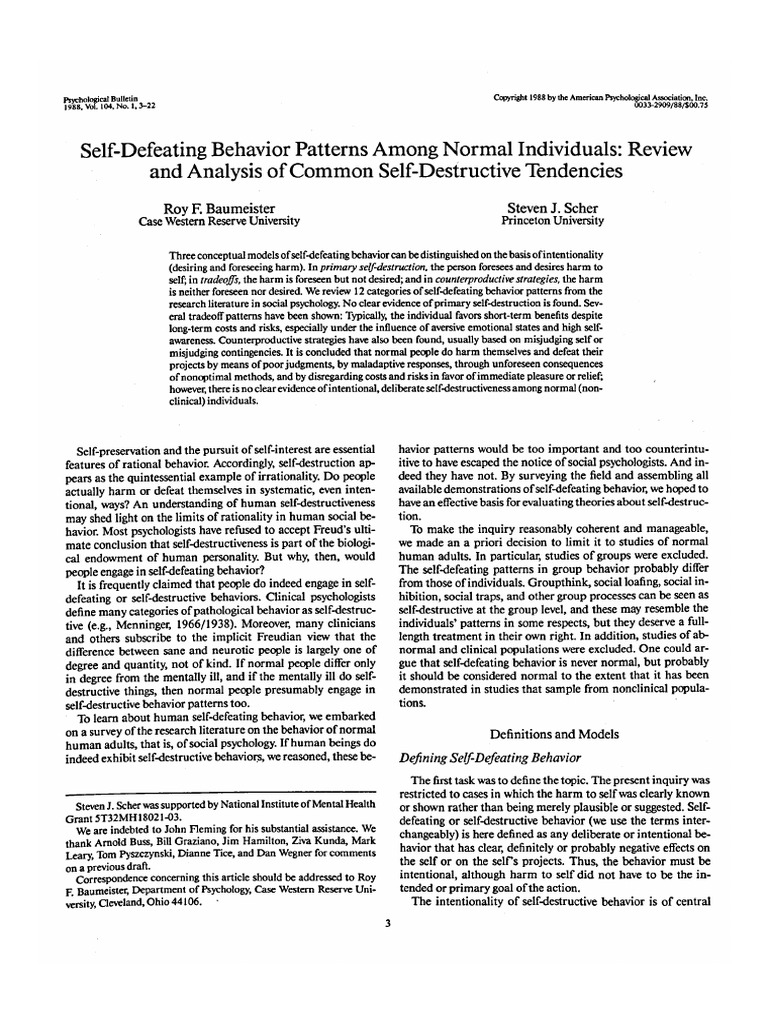 Baumeister, 1988 - Self-Defeating Behaviour | PDF
