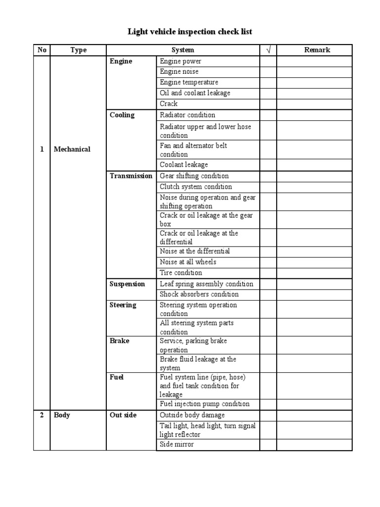 Light Vehicle Inspection Check List 1 | PDF | Steering | Truck