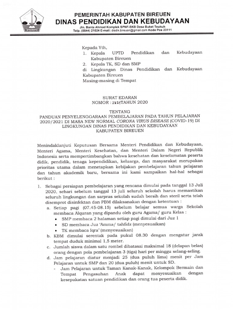 Surat Edaran Masuk Sekolah PDF | PDF