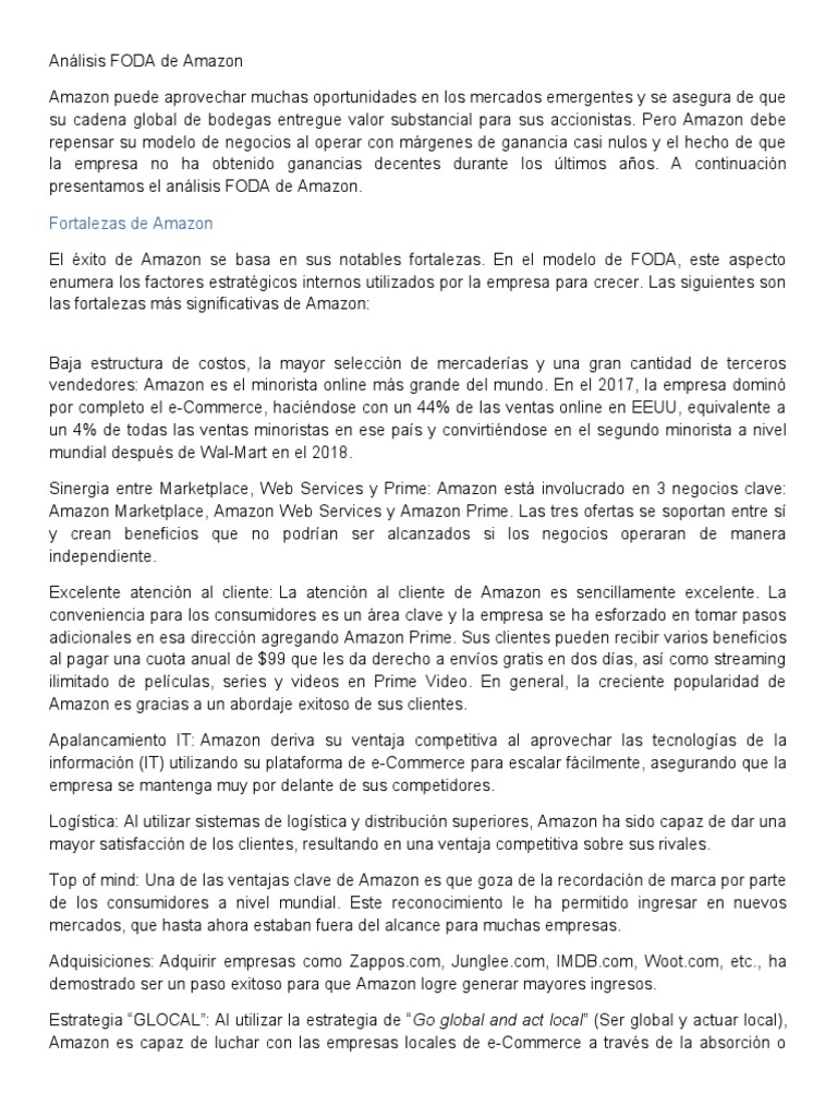 Análisis FODA de Amazon: Fortalezas y Debilidades | PDF | Marca ...