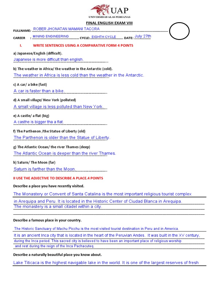 Final English Exam Viii: July 27th | PDF | Peru | Nature