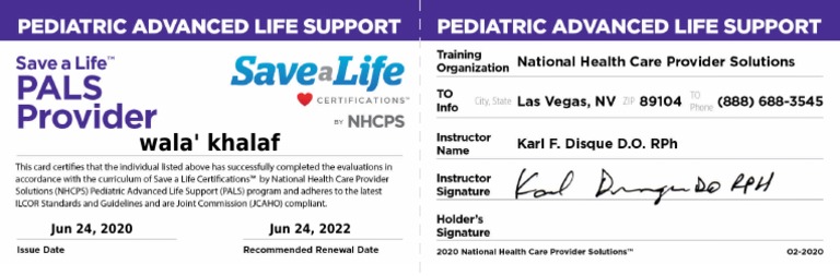 Pals Pediatric Advanced Life Support Certification Course Id Card | PDF