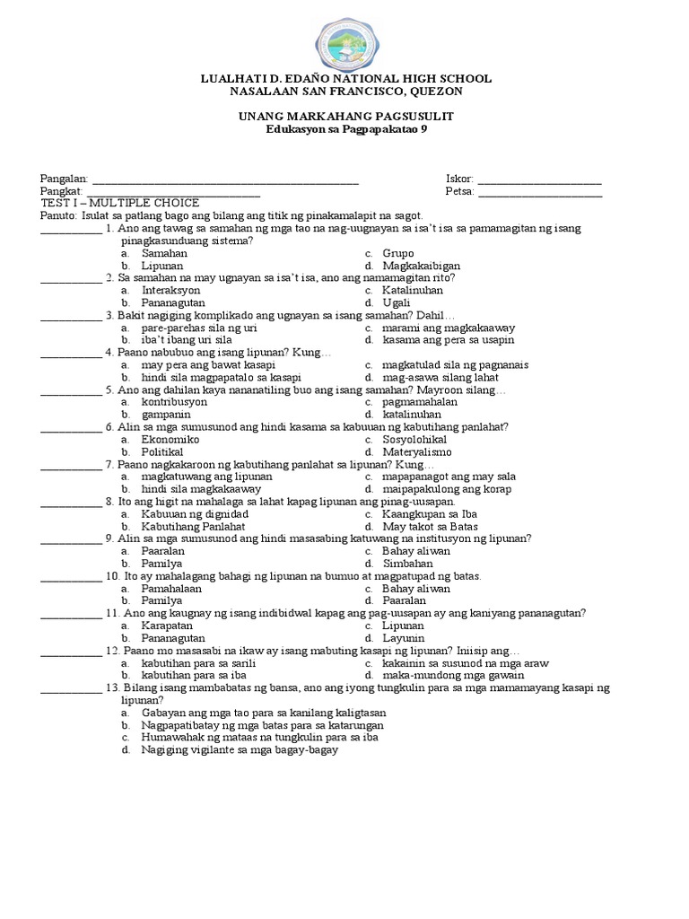 Esp 9 1ST Quarter Exam | PDF