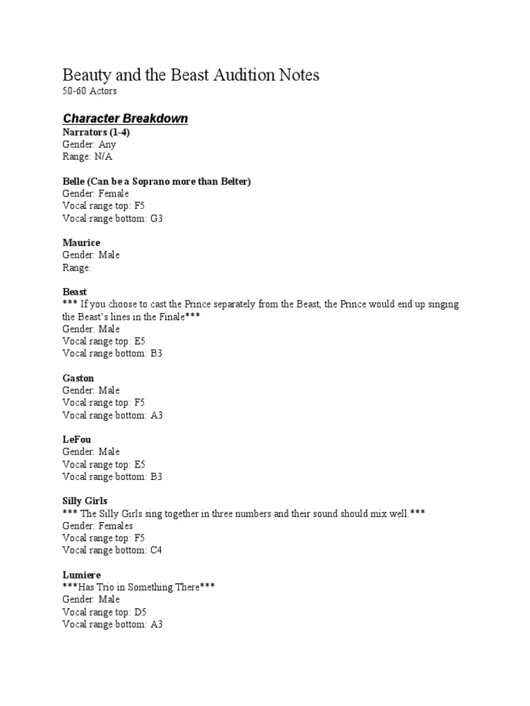 Beauty and The Beast JR Audition Notes | PDF