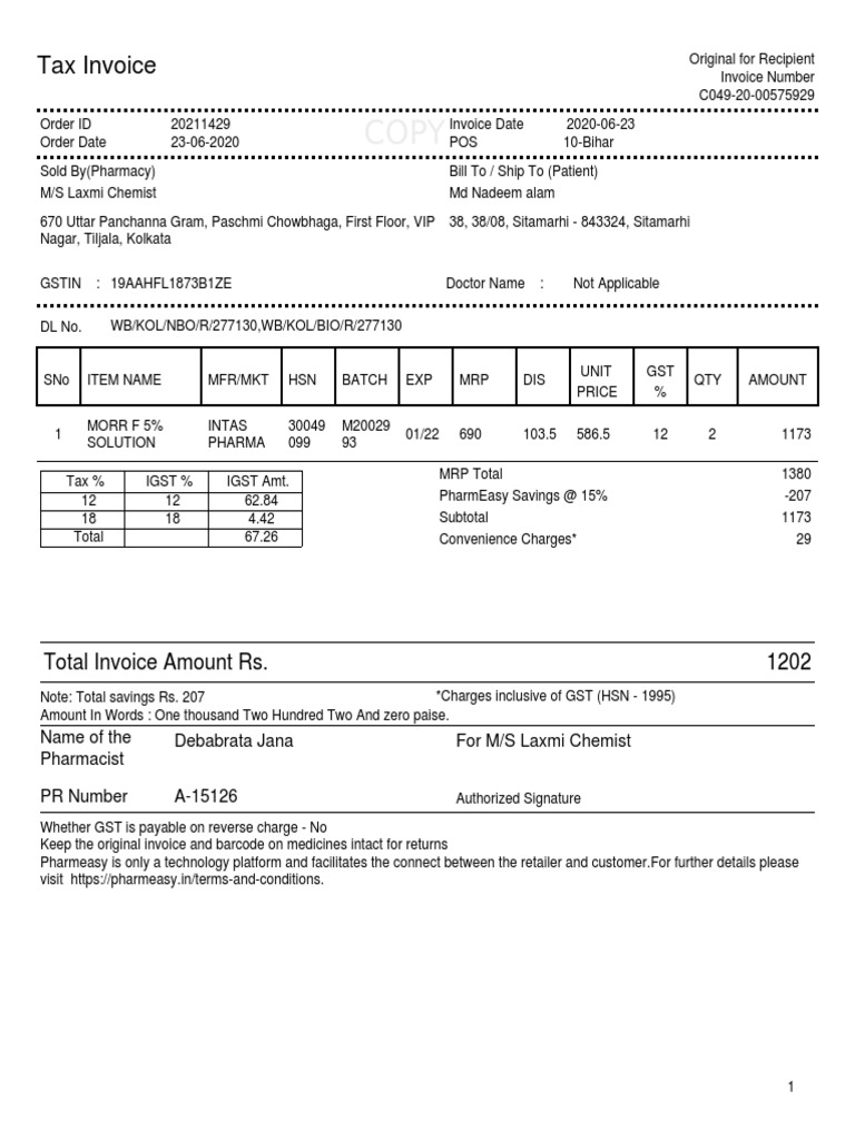 Wmcustomer 20211429 V3G CustomerInvoice PDF | PDF | Pharmaceutical ...