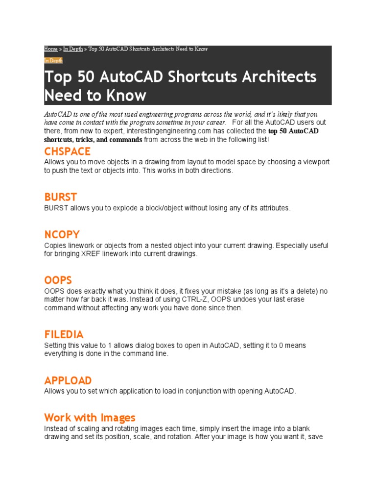 Top 50 Autocad Shortcuts Architects Need To Know: Chspace | PDF