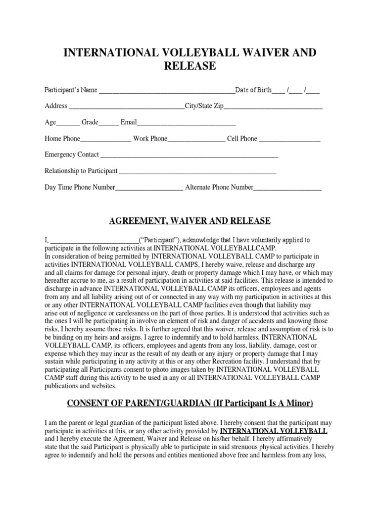 Fillable INTERNATIONAL VOLLEYBALL WAIVER PDF | PDF | Indemnity | Consent