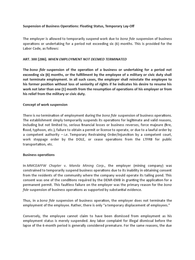 Temporary Suspension of Business Operations | PDF | Layoff | Employment