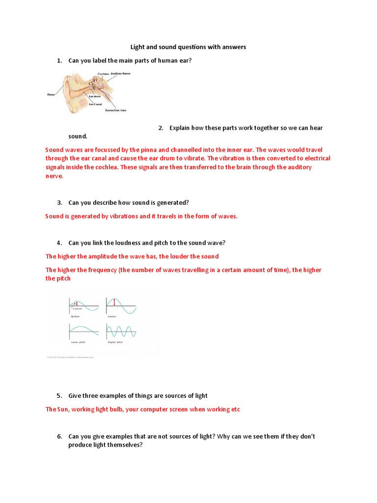 Light and Sound Answers | PDF | Color | Reflection (Physics)