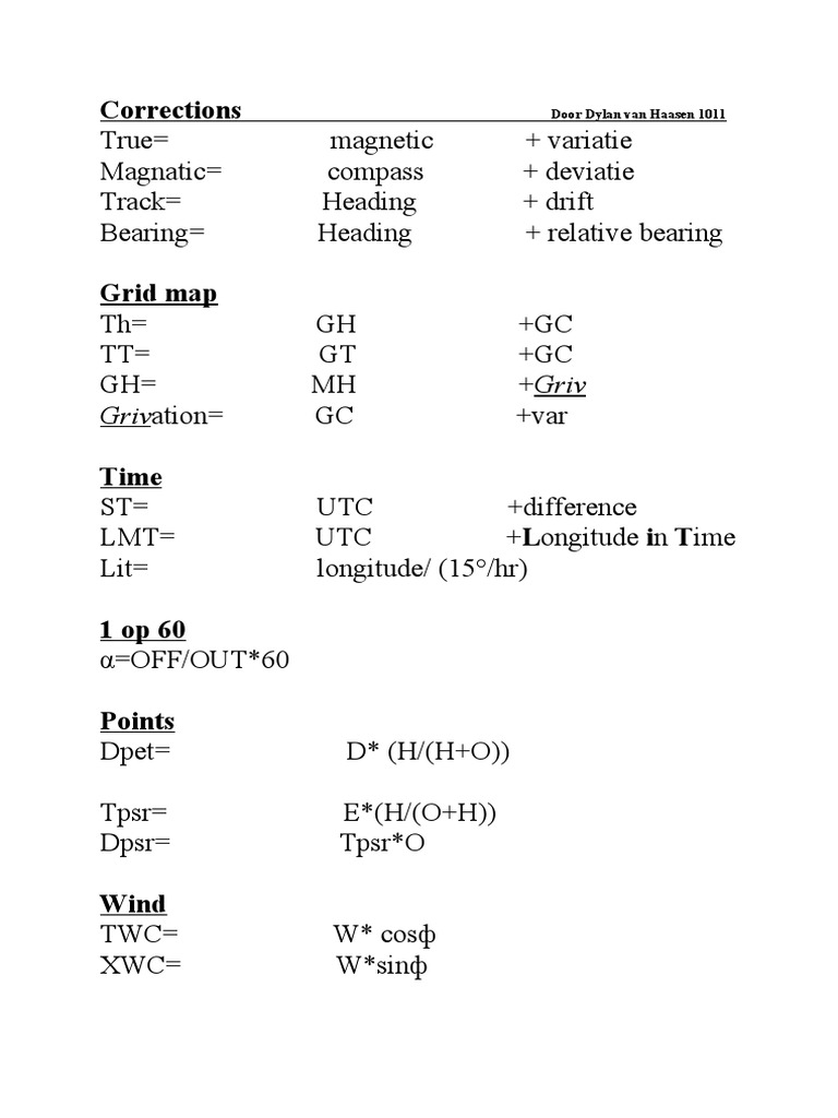 Formula sheet General Navigation (Gnav)