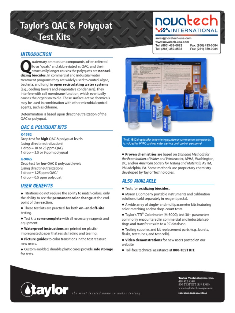 Taylor QAC and Polyquat Test Kits Brochure | PDF | Titration | Chemistry