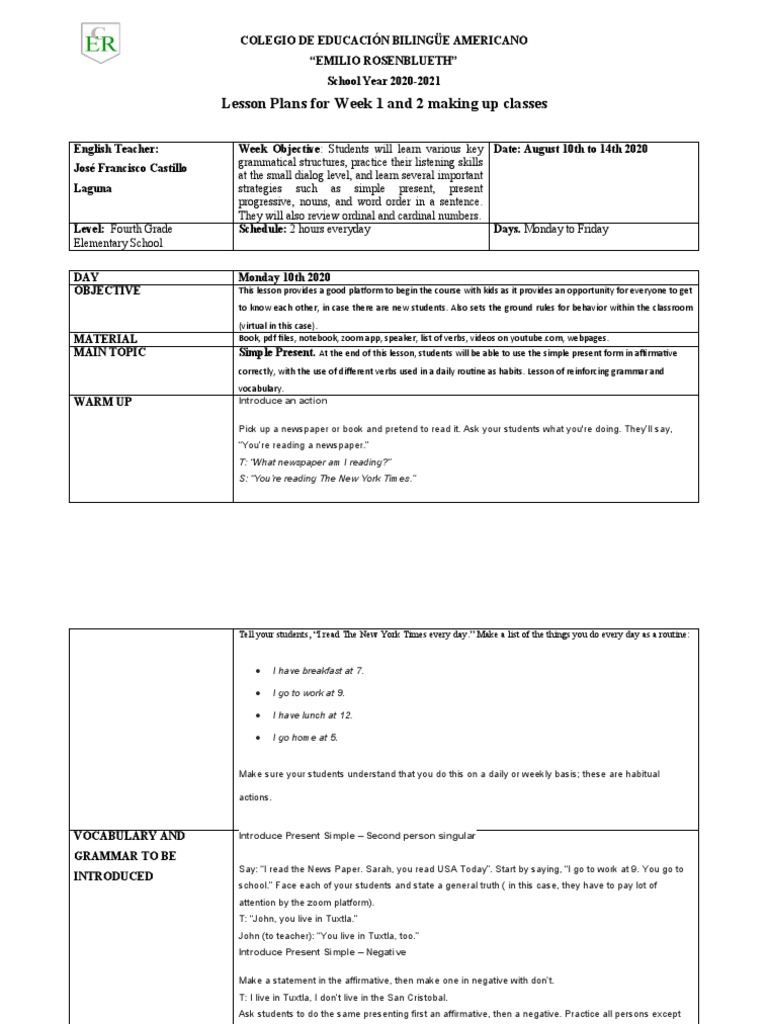 Lesson Plan Week 1 and 2 | PDF | Question | Grammatical Tense