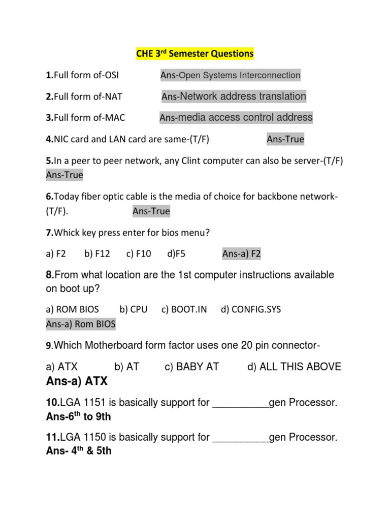 Network Address Translation Media Access Control Address: Ans-A) ATX | PDF | Bios | Network ...