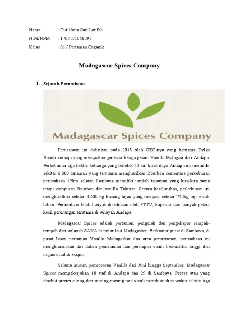 Madagascar Spices Company (Cut Nona Sari Latifah, 1705101050092) | PDF