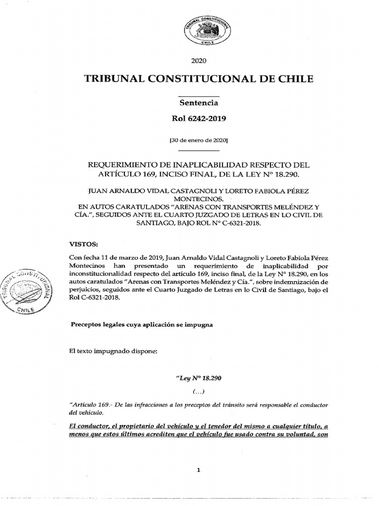 Fallo TC Resp. Subjetiva Ley Del Transito | PDF