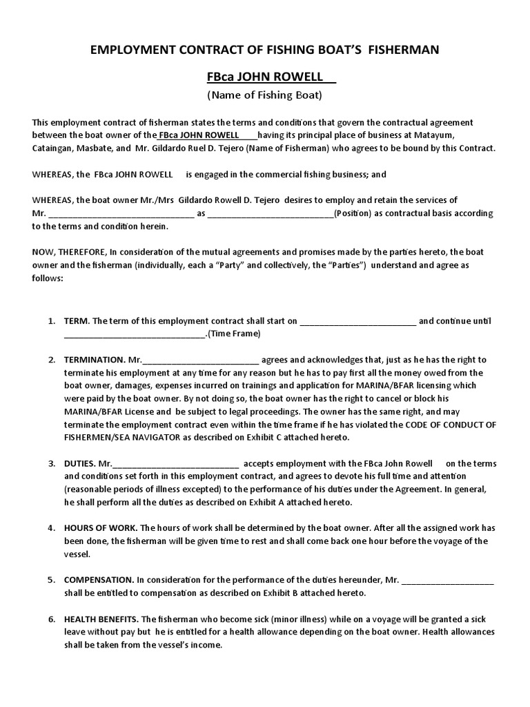 Fishing Vessel Employment Contract | PDF | Sea Captain | Transport