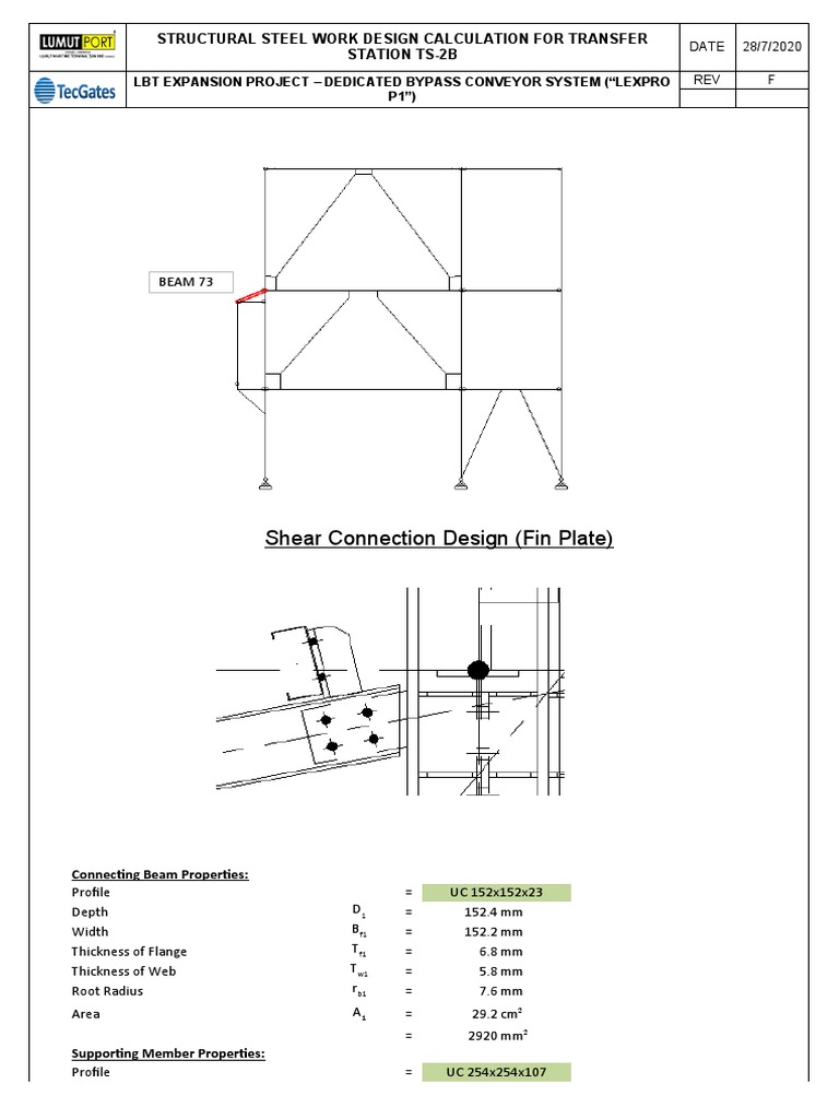 Shear Connection Design (Fin Plate): Beam 73 | Bending | Shear Stress
