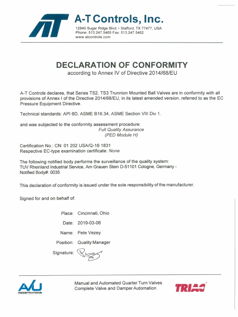 CE PED Declaration of Conformity - Trunnions - 20190306 PDF | PDF