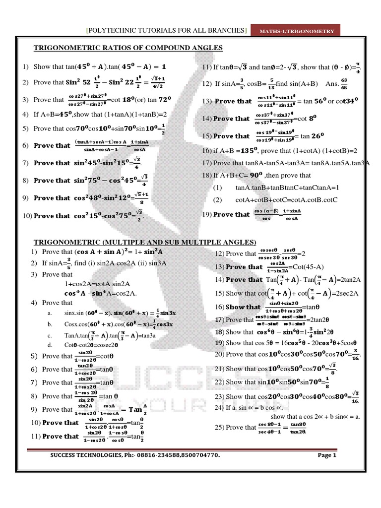 Trignometry and Complex Numbers Importent Questions List For Diploma ...