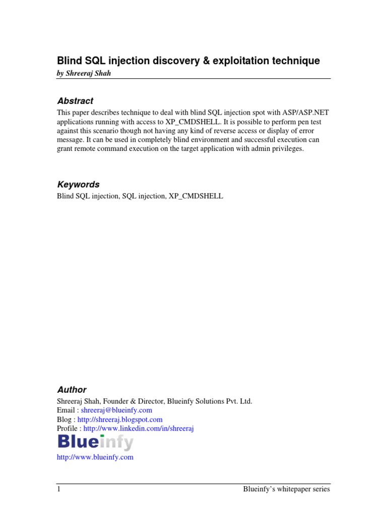 Blind SQL Injection Discovery & Exploitation Technique: by Shreeraj Shah | PDF