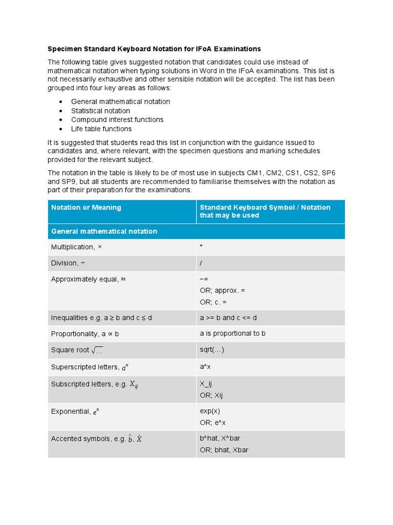 Specimen Standard Keyboard Notation For Ifoa Examinations | PDF ...