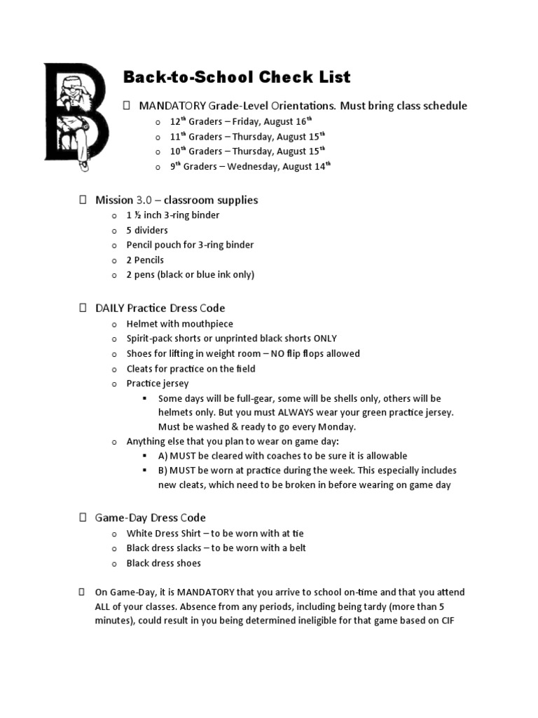 Back-to-School Check List: MANDATORY Grade-Level Orientations. Must ...