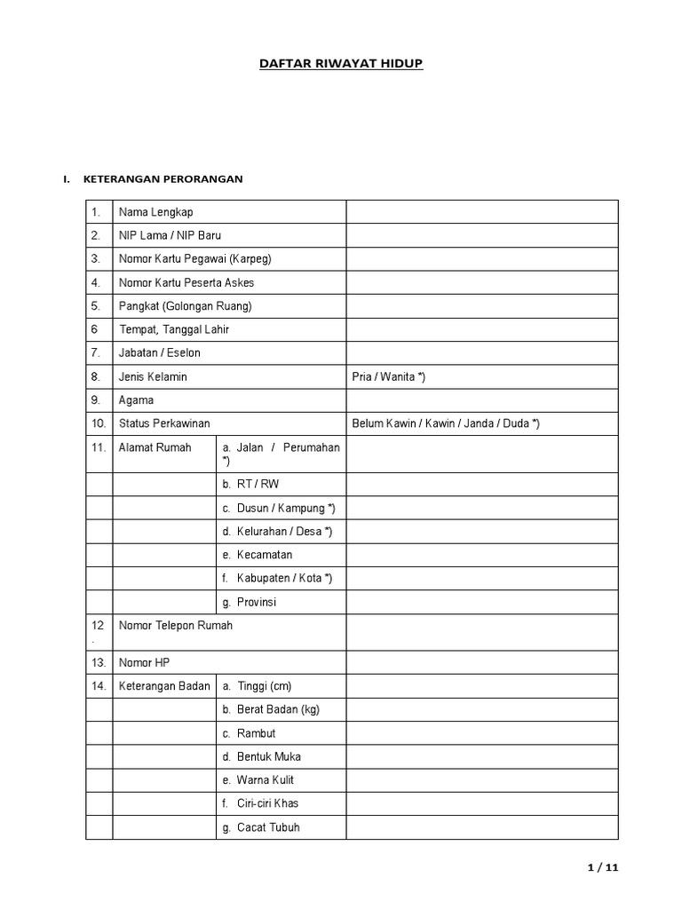 Format Daftar Riwayat Hidup PNS | PDF