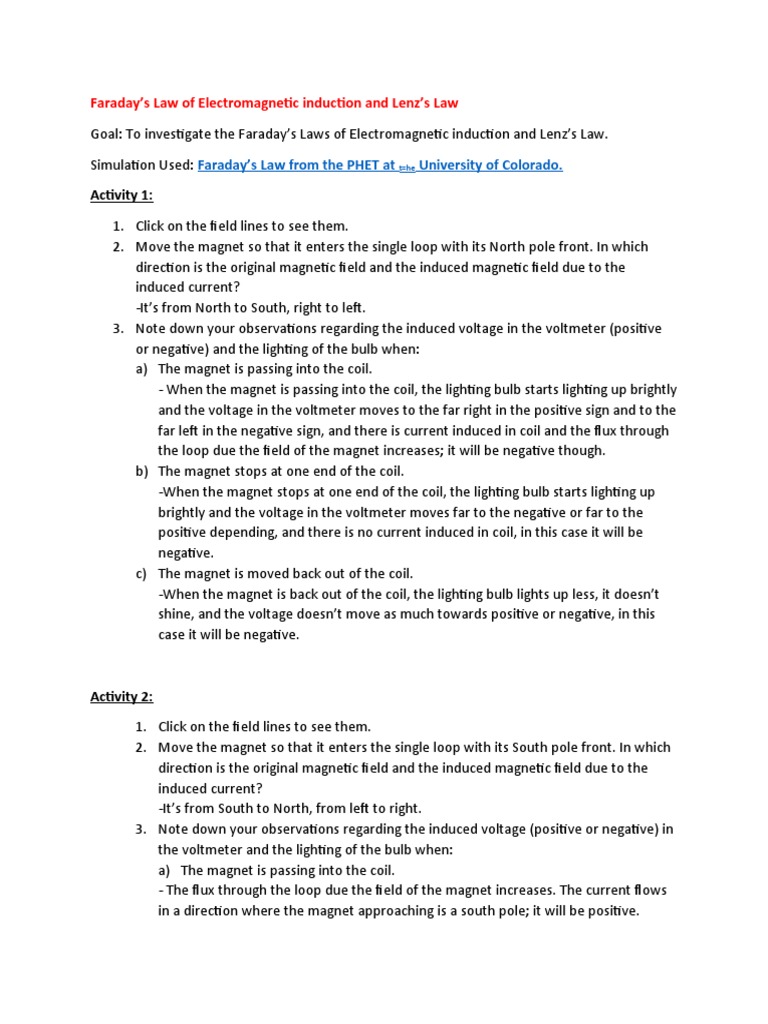 Activity 1:: Faraday's Law of Electromagnetic Induction and Lenz's Law ...
