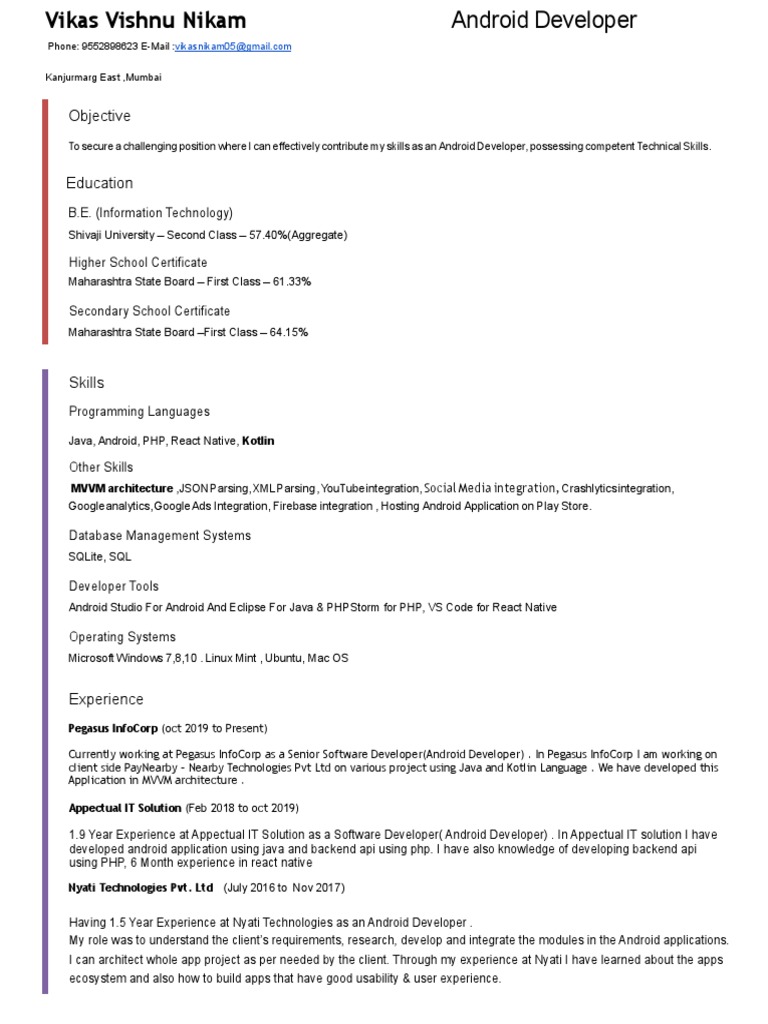 Vikas Android (Kotlin) Resume PDF | PDF | Android (Operating System) | Google Play