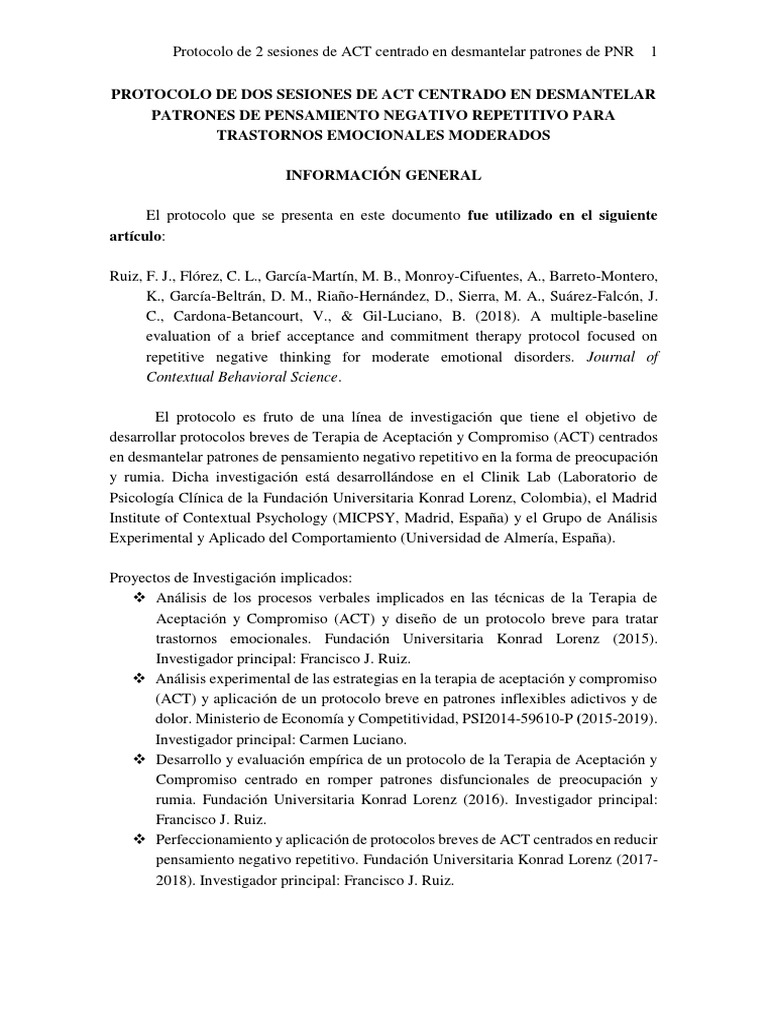 SPANISH RNT-focused ACT Protocol Ruiz Et Al. 2018 | PDF | Temor ...