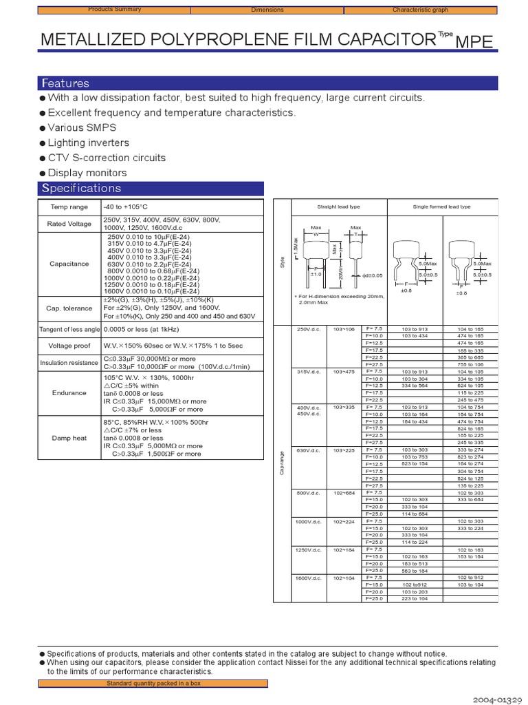 Metallized Polyproplene Film Capacitor Mpe: Features | PDF | Capacitor ...