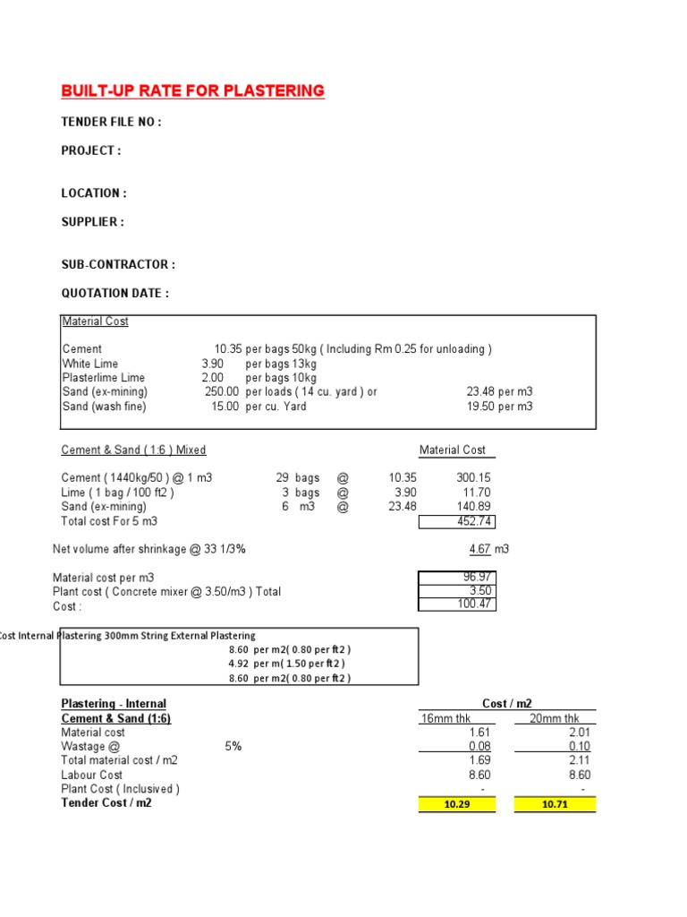 Built-Up Rate For Plastering: Tender File No: Project | PDF | Cement ...