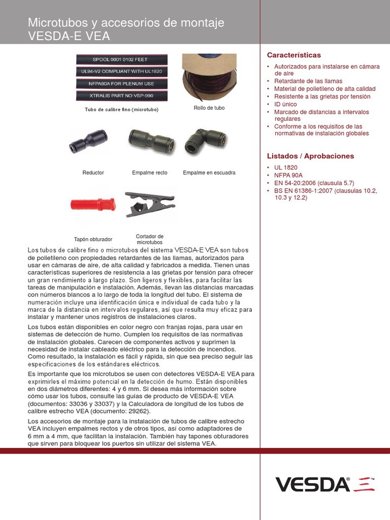 03 VESDA-E VEA Microbore Tubes Fittings UL TDS A4 Spanish Lores | PDF ...